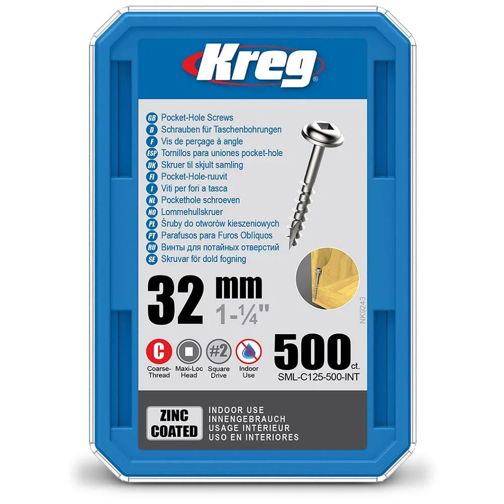Kreg Pocket Hole Screws 32mm Coarse MaxiLoc Head Zinc 500 pack Carbatec